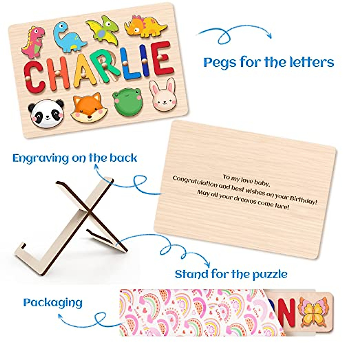 BeneCharm Personalized Name Puzzle for Kids 1st Birthday Gifts for Girls&Boys Engraved Text Greetings on Back Custom Wooden Name Signs with pegs Personalized Baby Gifts