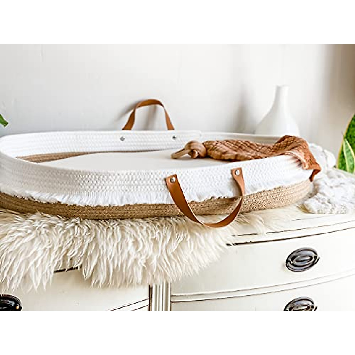 Original Cotton Rope Baby Changing Basket with Foam Pad & Organic Cover, Moses Basket, Changing Table Topper by Coastfully Yours | Farmhouse Nursery Decor | Boho Nursery Decor