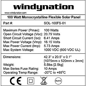 WindyNation 100W 100 Watt 12V Flexible Thin Lightweight Monocrystalline Solar Panel Battery Charger for RV, Boat, Cabin, Off-Grid Applications