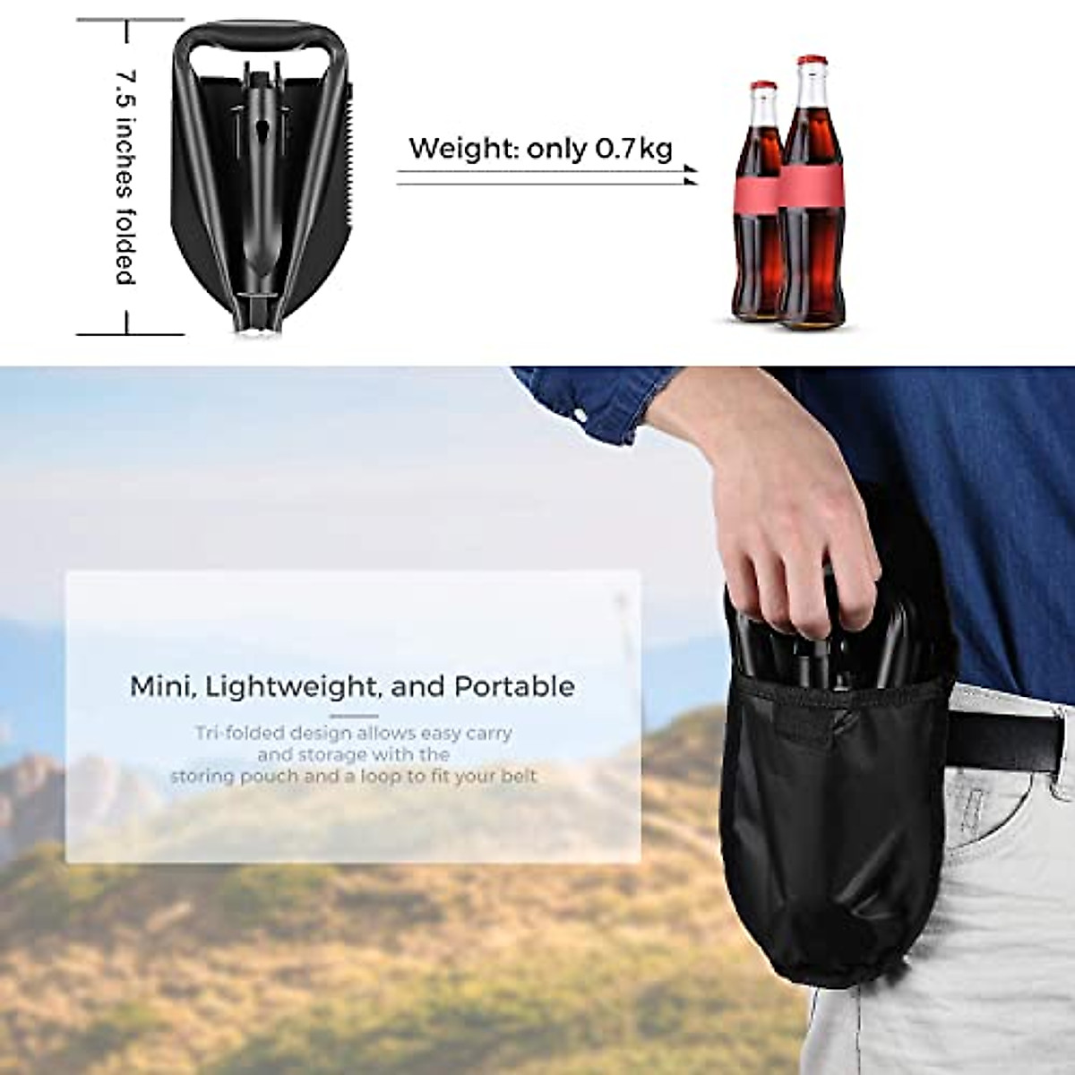 Behandy Folding Shovel, Collapsible Shovel for Car Snow, Camping Shovel and Pickax, Military Entrenching Tool for Gardening, Camping, Digging Dirt, Sand, Snow, Off Road, Portable Car Emergency kit