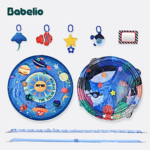 Babelio Baby Gym Mat & Tummy Time Water Mat 2 in 1, 3 Different Assembly Methods, 6 Activity Play Mat Toys, Sensory Development and Fun Experience for Infant, 33.5" x 33.5"