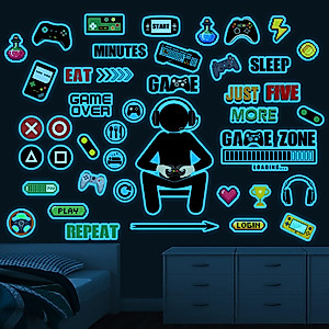 Gamer Wall Decals Stickers Glow in The Dark Wall Decals Game Wall Stickers Gaming Controller Wall Decals Game Room Decor Video Game Decal for Boys Kids Girls Bedoom Playroom Wall Decor… (Sky Blue)