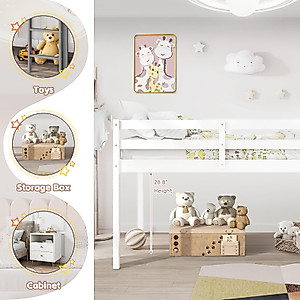 Antetek Twin Loft Bed Frame, Solid Pine Wood Twin Size Bed Frame with Ladder and Safety Full-Length Guardrail, Low Loft Bed for Kids, Teens, Boys, Girls, No Box Spring Needed, White