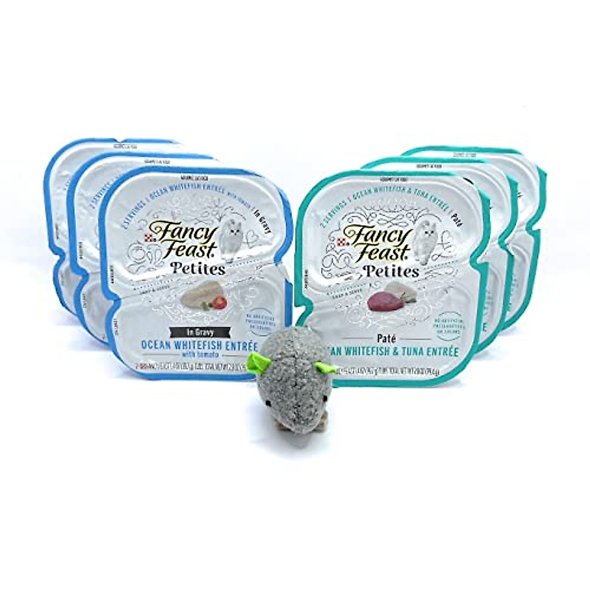 Fancy Feast Petites Cat Food Ocean Whitefish Flavor Bundle Includes (3) Each: Ocean Whitefish & Tuna Pate (2.8 oz), Ocean Whitefish with Tomato in Gravy(2.8 oz) & Catnip Toy