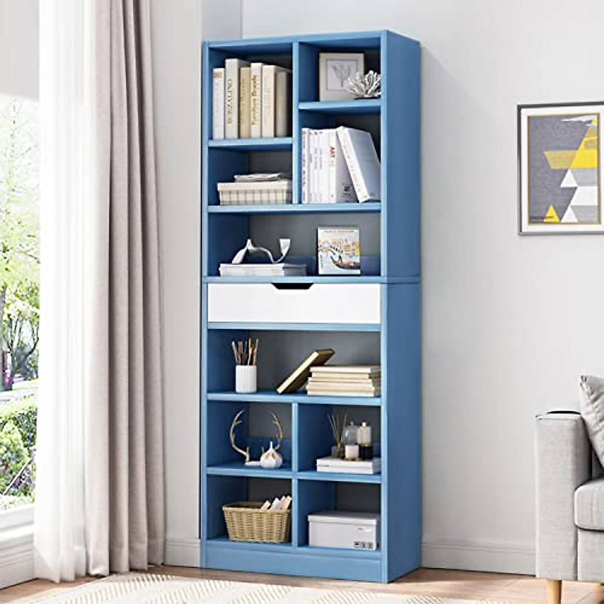 IOTXY Wooden Open Shelf Bookcase - 71 Inches Tall Freestanding Display Storage Cabinet Organizer with 10 Cubes and a Drawer, Floor Standing Bookshelf in Bright Blue