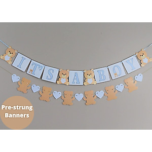 Teddy Bear Baby Shower Decorations For Boy- Bear themed 121pcs Brown Blue Balloon Garland Arch Kit, It’s A Boy Banner, Teddy Bear Stickers, Coffee Boho Balloon Arch, Gender Reveal