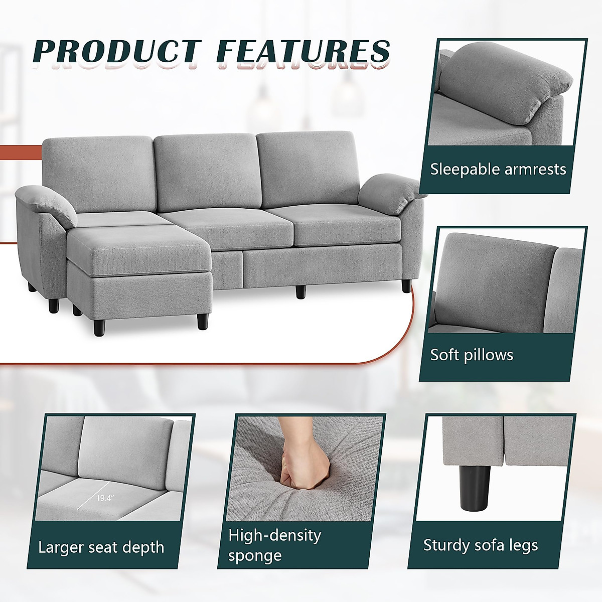 Vongrasig 79" Convertible Sectional Sofa Couch, 3 Seat L Shaped Sofa with Removable Pillows Linen Fabric Small Couch Mid Century for Living Room, Apartment and Office (Light Grey)