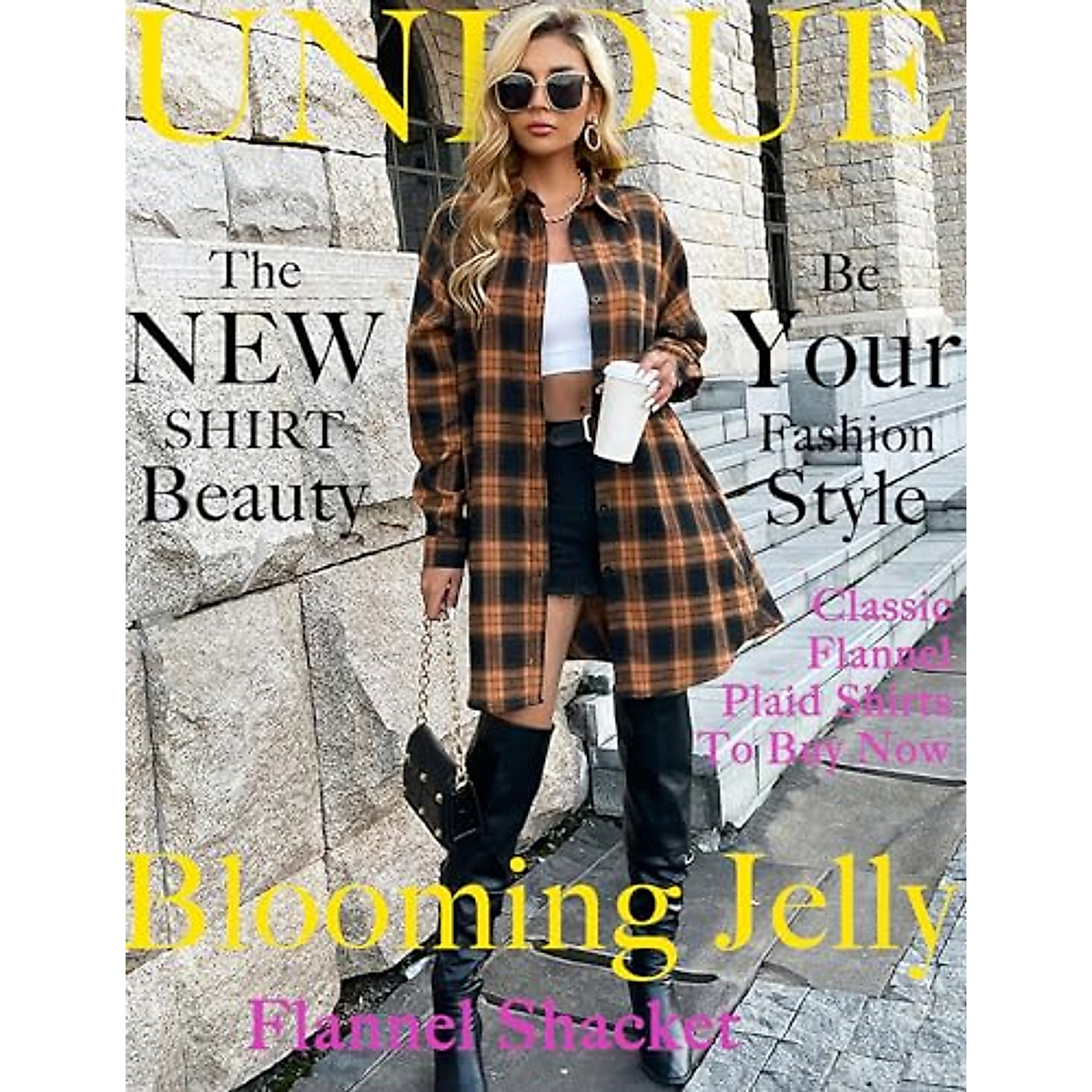 Blooming Jelly Women's Button Down Flannel Shirts Plaid Shacket Long Sleeve Collared Long Jacket Coats（XLarge,Brown Plaid）