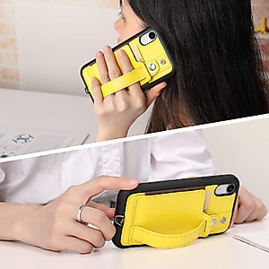 TOOVREN iPhone XR Wallet Case with Lanyard Strap Card Holder Xr iPhone Case Protective Cover with Stand Wallet Leather PU Detachable iPhone Lanyard for iPhone XR 6.1 Inch (2018) (Yellow)