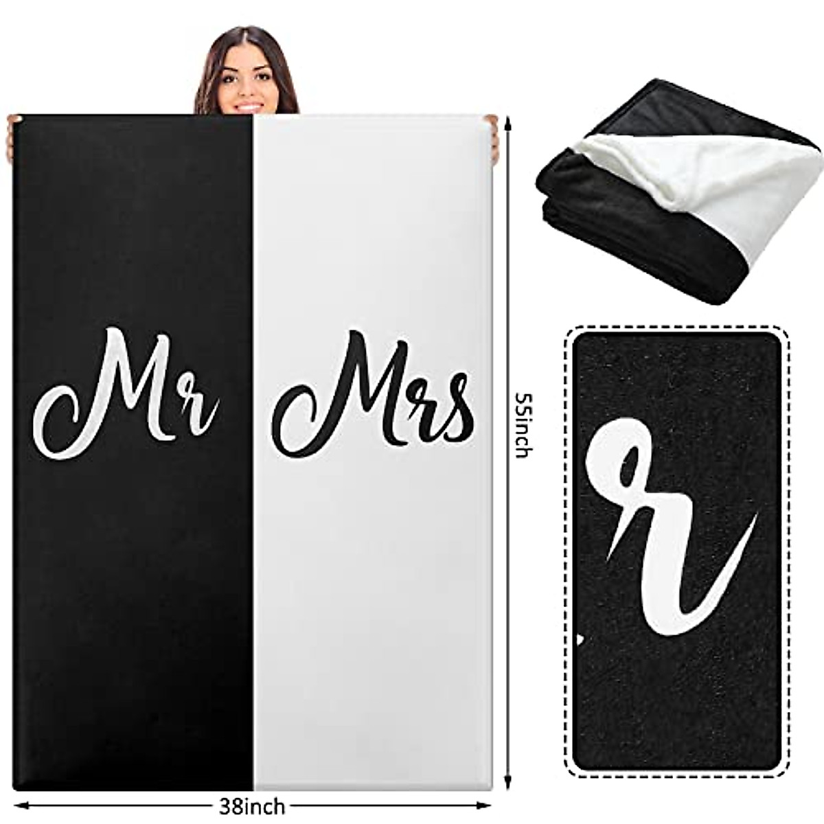 Redbaker Mr and Mrs Black and White Stitching Blanket Honeymoon Just Married Blanket Bride and Groom Gift Wedding Blanket for Couples Summer Air Conditioning Room Christmas Valentine's Day Gift