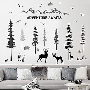 Prabahdak 3 Sheets Woodland Nursery Wall Decals Forest Deers Wall Stickers Bears Pine Tree Wall Decals Inspirational Quote Mountain Animal Sun Wall Stickers DIY Wall Decals for Kids' Room