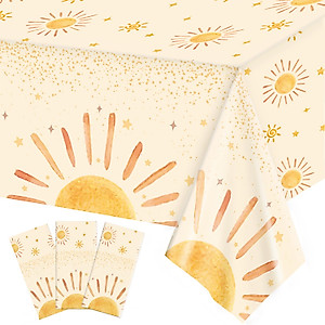 Oigco 3Pcs Boho Sun Birthday Party Tablecloths First Trip Around The Sun Party Decorations Disposable Plastic Table Covers Boho Baby Shower Supplies, 54 x 108 Inches