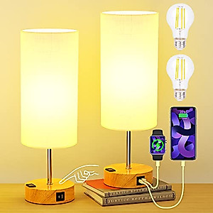 ZEXDOK Table Lamps Set of 2 with USB Ports and Outlets, Touch Control Lamps for Bedroom 3-Way Dimmable Nightstand Lamps with USB A+C Charging Ports & Ac Outlet for Living Room, Dorm, Home Office