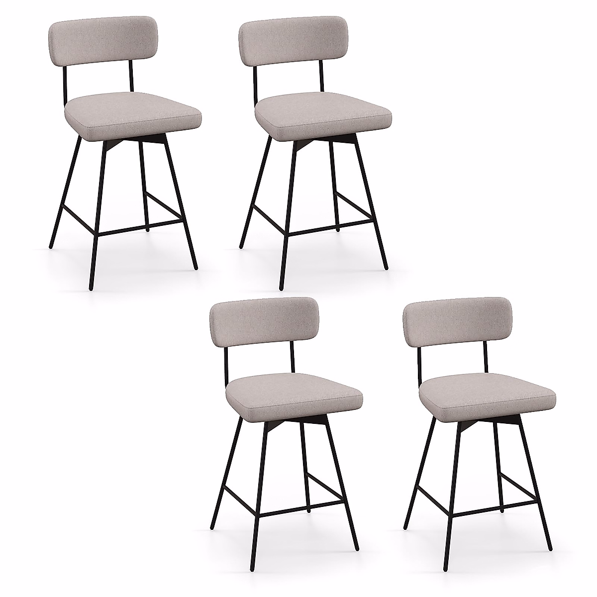 COSTWAY Bar Stools Set of 4, 25” Upholstered Counter Height Bar Stools with Back, 360° Swivel Dining Chairs with Heavy-Duty Metal Legs and Footrests, for Kitchen Island, Dining Room, Bar (4, Beige)