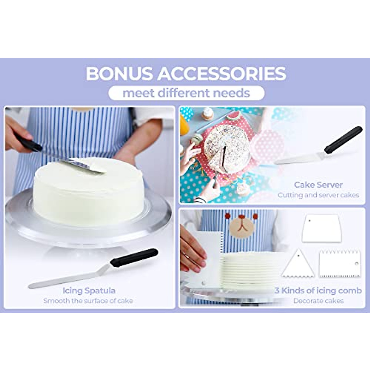 Cake Turntable, Ohuhu Aluminium 12'' Cake Decorating Kit Supplies Rotating Cake Stand Revolving Spinner Table Baking Kits with 2 Icing Spatula 3 Comb Icing Smoother Professional Lazy Susan Decor Gift