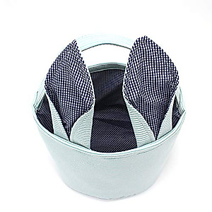 Easter Baskets Seersucker Easter Bunny Bag Bucket for Easter Egg Hunt Bunny Ears Design (Blue)