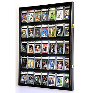 35 Graded Sport Cards / Collectible Card Display Case Wall Cabinet w/98% UV Door, Lockable, Black
