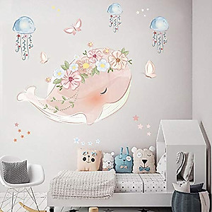 Bamsod Pink Whale Wall Sticker Underwater Animals Ocean DIY Wall Decal Marine Life Wall Stickers for Nursery Kids Playroom Home Decor