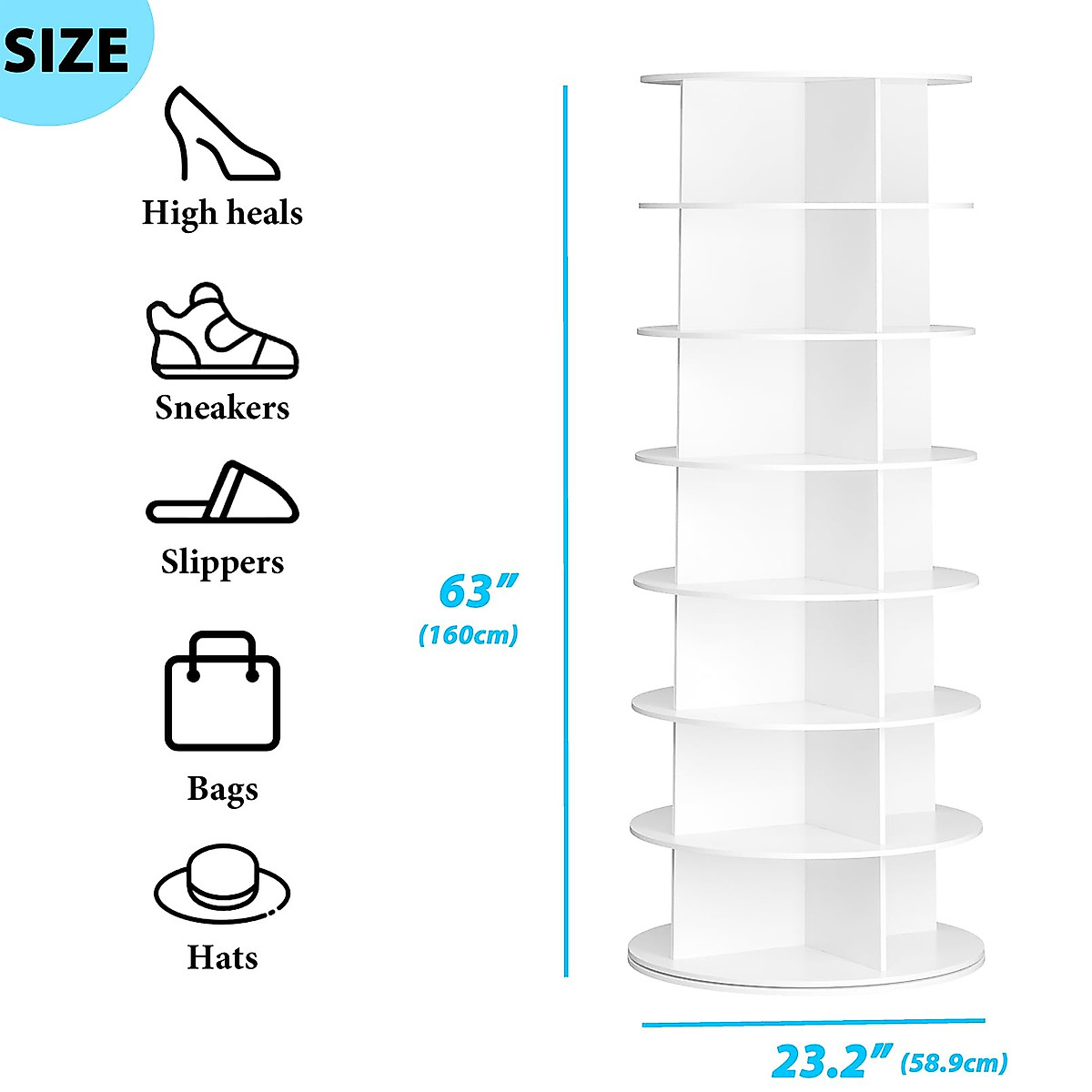 GZOOGHOME 7-Tier Rotating Shoe Rack Tower, Modern Shoes Spinning Display Stand, Round Swivel Shoe Storage Cabinet, Lazy Suan 360 Revolving Shoes Cloest Organization (White)