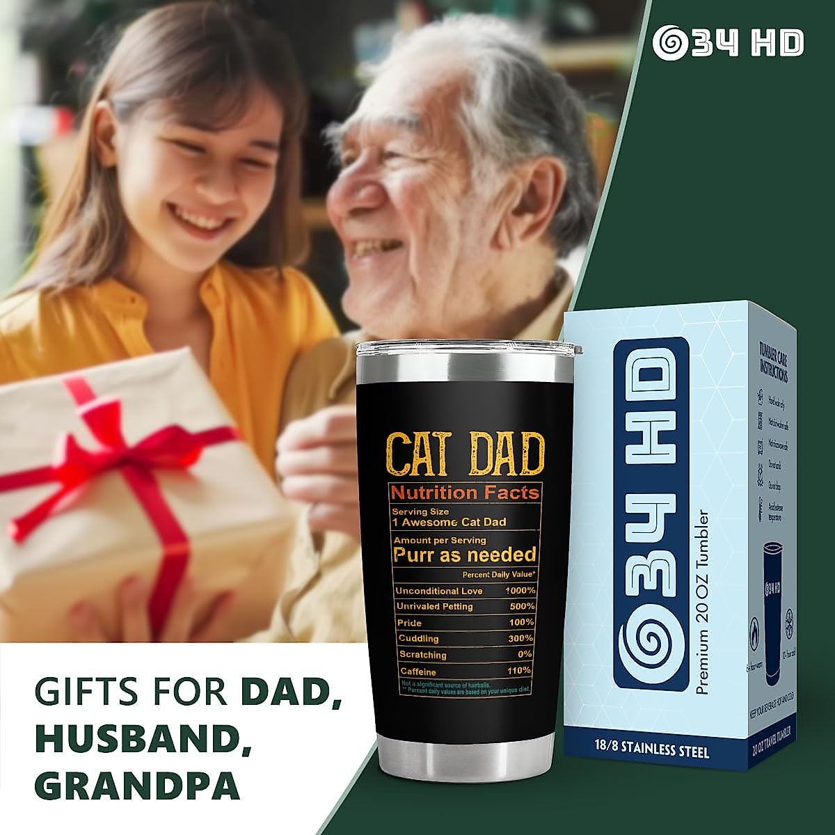 34HD Cat Dad Tumbler with Lid, 20oz Stainless Steel Vacuum Insulated Pet Dad Coffee Mug with Nutrition Facts, Birthday Christmas Father Day Gifts for Cat Papa Friend Husband