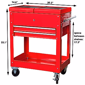 BIG RED ATC310R Torin Rolling Garage Workshop Tool Organizer: 2 Drawer Tool Chest Tray with Top Work Surface and Storage Push Cart, Red, 27.8" L x 14.6" W x 32.7" H
