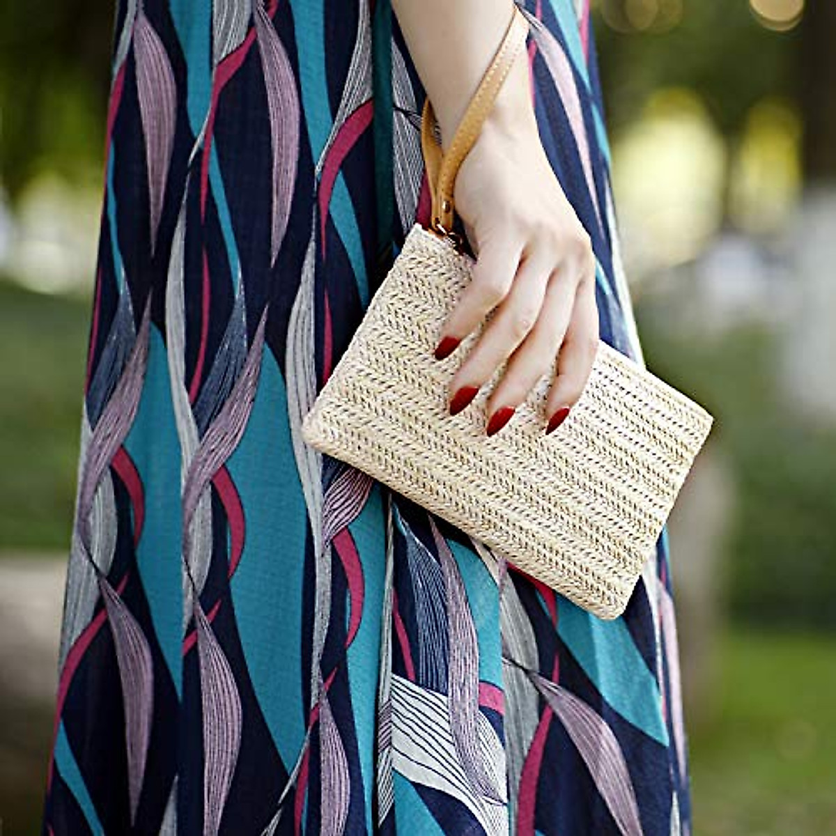 COOKOOKY Women's Straw Clutch Bag Bohemian Zipper Wristlet Womens Summer Beach Sea Purse Straw Wallets For Women (Beige- White)