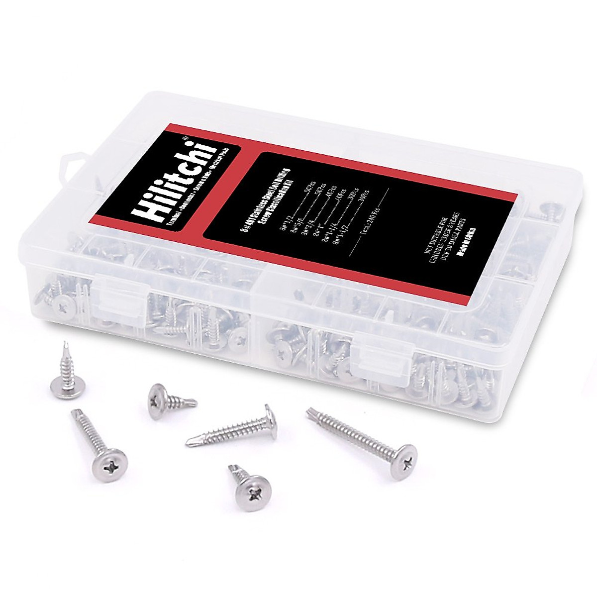 Hilitchi 410 Stainless Steel Wafer Head Phillips Self Drilling Screws Sheet Metal Tek Screws Assortment Kit, Modified Truss Head Self Driller - Size: #8 x 1/2" ~ #8 x 1-1/2" (Pack of 240)