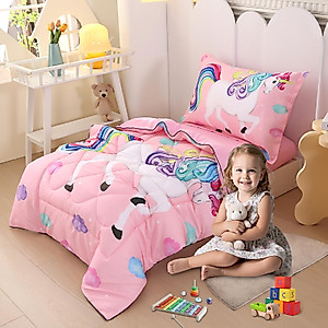 Wowelife Unicorn Toddler Bedding Set for Girls, Rainbow 4 Piece Toddler Bed Sheets Sets Pink Toddler Comforter Set Kids Bag in A Bag with Comforter, Flat Sheet, Fitted Sheet and Pillowcase, Pink