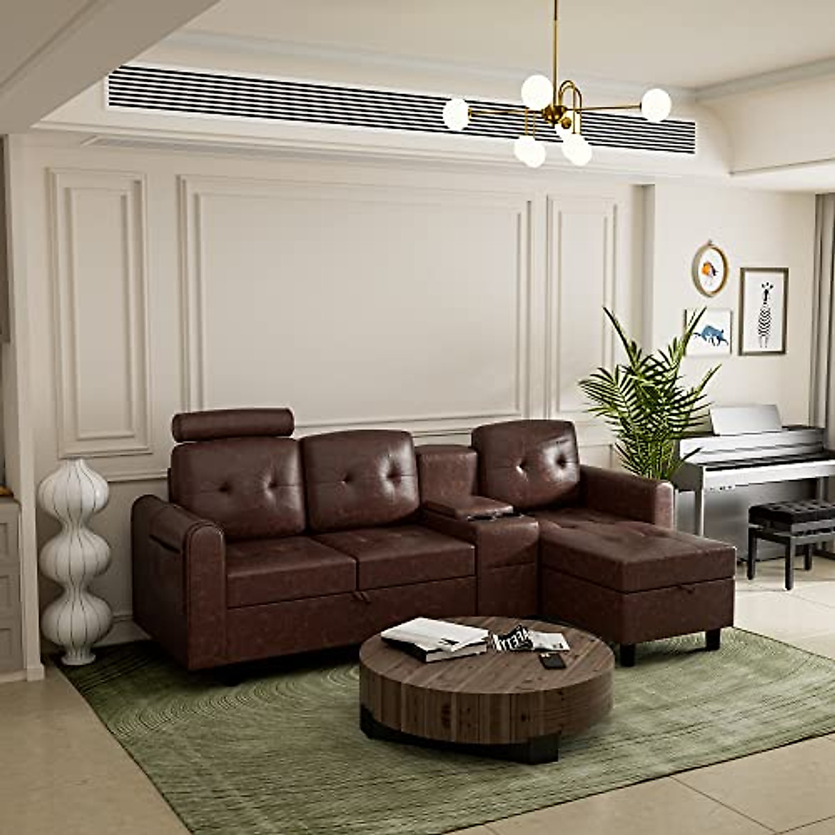 Olela L Shaped Couch, Faux Leather Modular Sectional Sofa Modern Convertible Storage Couches with Side Pocket Tufted Back for Living Room,Apartment (Brown PU)