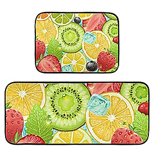 Lemon Strawberry Kitchen Rugs and Mats Set 2 Piece Non Slip Washable Runner Rug Set of 2 for Floor Home Kitchen Laundry Decorative