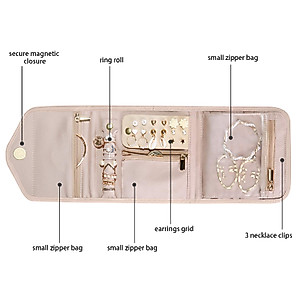 BAGSMART Travel Jewelry Organizer Case Foldable Jewelry Roll for Journey-Rings, Necklaces, Earrings, Bracelets,Mini,Soft Pink