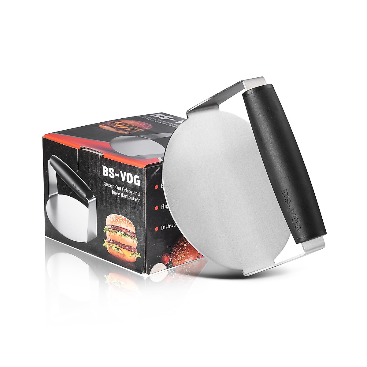 BS-VOG Burger Press, 6 Inch Round Burger Smasher for Griddle with Anti-Scald Handle, Non-Stick Smooth Stainless Steel Hamburger Press, Grill Press for Flat Top Grill Cooking, Gift Package