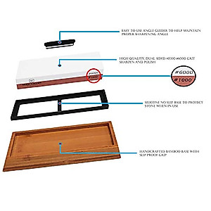 Mizu 1000 / 6000 Grit Premium Whetstone Knife Sharpening Stone Set, Ideal Sharpener for All Blades, Japanese Style Waterstone with Non Slip Bamboo Base, Includes Angle Guide & Instructions