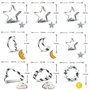 Star, Moon, Cloud and Sun Cookie Cutters 9 Piece Set - Twinkle Twinkle Little Star Celestial Night Sky Cookie Cutter Biscuit Mold for Kids Baby Shower Birthday Party Decoration - 4 Inch 3 Inch 2 Inch