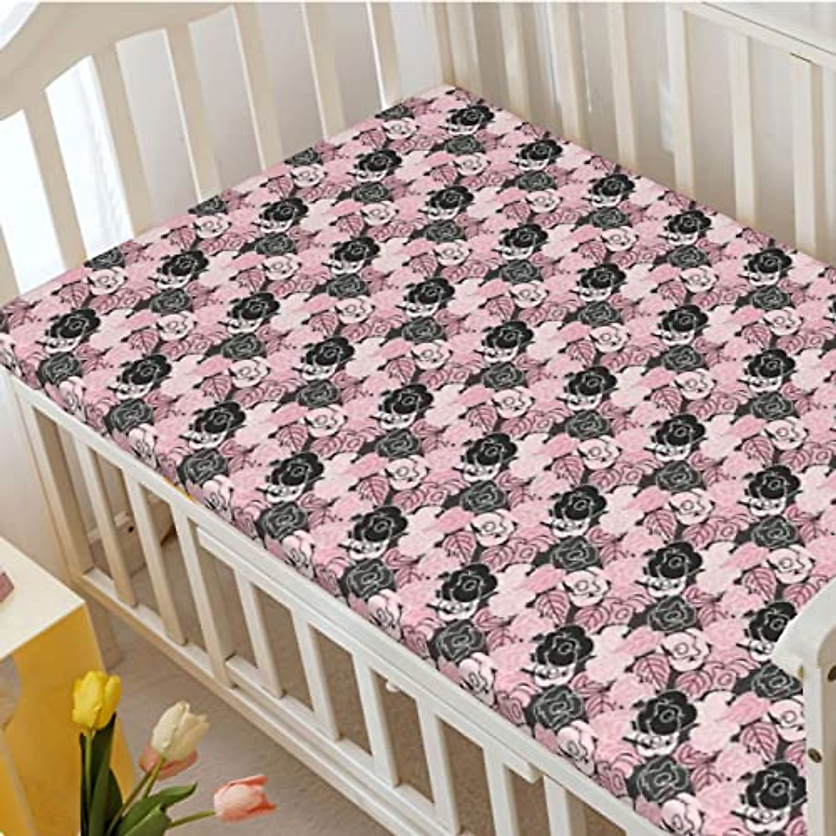 Roses Themed Fitted Crib Sheet,Standard Crib Mattress Fitted Sheet Soft Toddler Mattress Sheet Fitted-Baby Crib Sheets for Girl or Boy,28“ x52“,Charcoal Grey Pale Pink Black