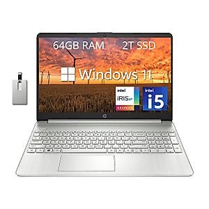 HP 15.6'' FHD Everyday Laptop, Intel Core i5-1135G7, 64GB RAM, 2TB PCIe SSD, Intel Iris Xe Graphics, Wi-Fi 5, Ture Vision HD Camera, Full-size Keyboard, Windows 11 Home, Silver, 32GB USB Card