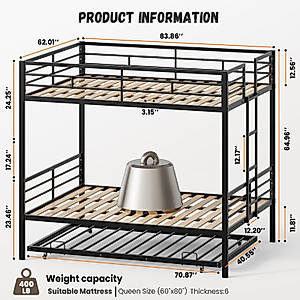 UOCFYK Queen Over Queen Bunk Bed with Trundle for Kids/Adults,Heavy Duty Bunk Bed with Convertible 2 Beds & Ladder for Dorm,Bedroom,Guest Room,Space Saving Design & No Box Spring Needed,Black