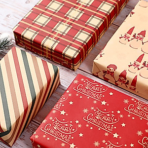PlandRichW Christmas Wrapping Paper 12 Sheets of Folded Brown Kraft Paper with Red and Green, Greetings, Snowman, Plaid, Stripes, Christmas Elements Collection, 20 X 29 Inches Each