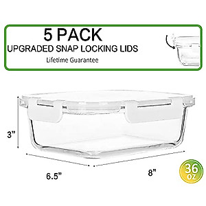 M MCIRCO [5-Packs, 36 Oz.] Glass Meal Prep Containers with Locking Lids Glass Food Containers,Airtight Lunch Container,Microwave, Oven, Freezer and Dishwasher (4.5 Cup, White)