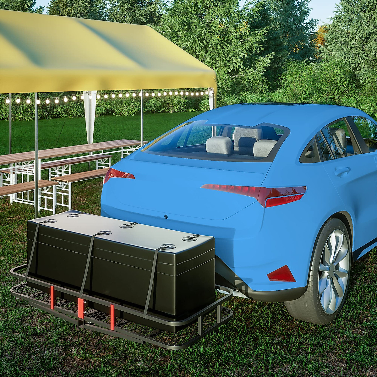 Folding Hitch Mount Cargo Carrier - Luggage Basket Rack Fits 2" Receiver - Rear Cargo Rack for SUV, Truck, Car(Includes Cargo Net, Ratchet Straps, Waterproof Cover) - 550LB Capacity