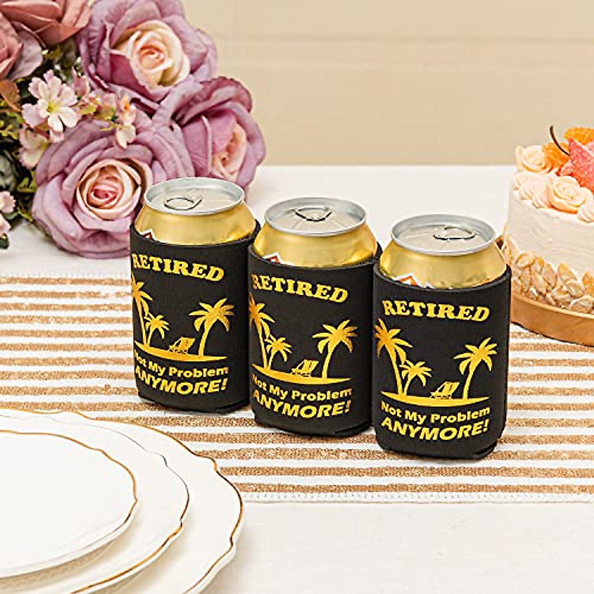 Crisky Retirement Gifts for Men & Women, 12 Pcs Beverage Can Coolers, Vacation Beer Sleeves for Retirement Party Decorations Favor, Retired Gift Ideas Insulated Drink Holder 12 Pack, Black & Gold