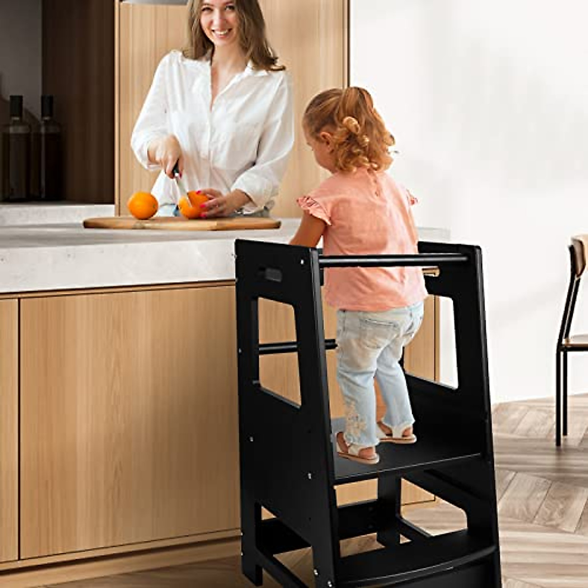 ACEHOME Toddler Kitchen Stool, Toddler Tower with Safety Rail, Toddler Stool for Kitchen Counter, Adjustable Height Little Helper Tower, Kitchen Stool for Toddlers 18 Months and Older, Black