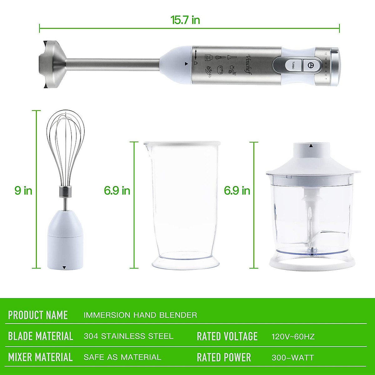 Vinchef 5 in 1 Immersion Hand Blender, 300 Watt, Multi-Speed Stainless Steel Handheld Stick Blender with 700ml Beaker, Whisk, Chopper/Grinder Bowl and Wall Rack, BPA-Free