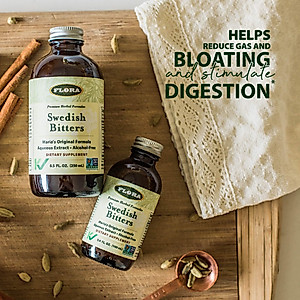 Flora - Swedish Bitters for Digestion, Alcohol-Free Bitters Help Bloating & Digestion, Maria's Original Formula Aqueous Extract, Vegan, Kosher, Non GMO, 3.4-fl. oz. Glass Bottle