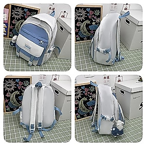 FORJMMP Aesthetic Backpack with Kawaii Accessories, Lightweight Casual Daypack for Women (White+Blue)