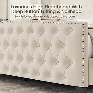 LARMACE King Bed Frame Upholstered Platform Bed with Wingback Headboard & Footbaord Velvet Beds Deep Button Tufted Beds Frames with Wood Slats Support, No Box Spring Needed, Beige