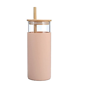 20 Oz Glass Water bottle with bamboo lid Glass Tumbler with silicone protective sleeve Cup (peach) Glass water bottle Coffee cup
