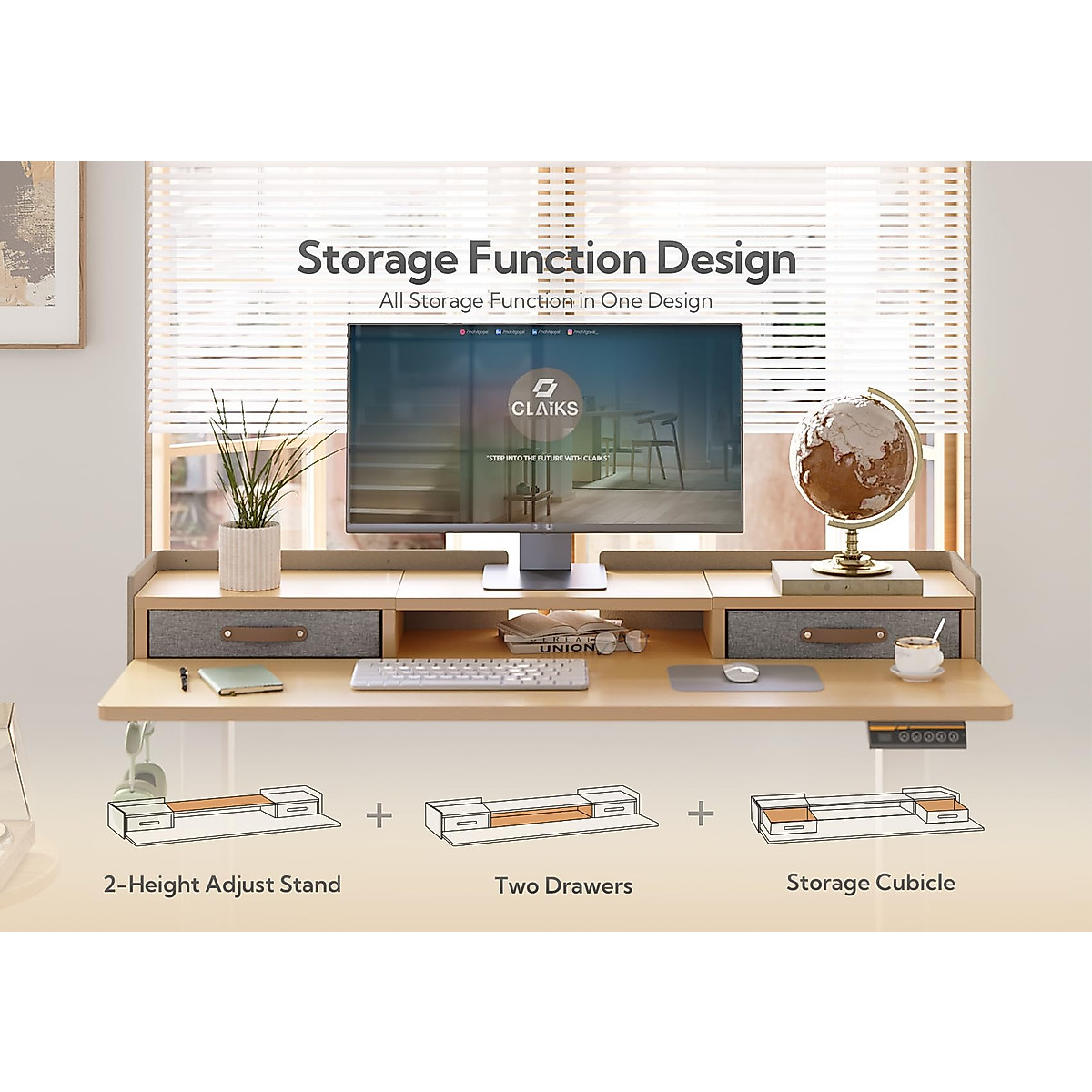 Claiks Standing Desk with Drawers, Adjustable Stand Up Electric Standing Desk Adjustable Height, Sit Stand Desk with Storage Shelf and Splice Board, 59 Inch, Natural