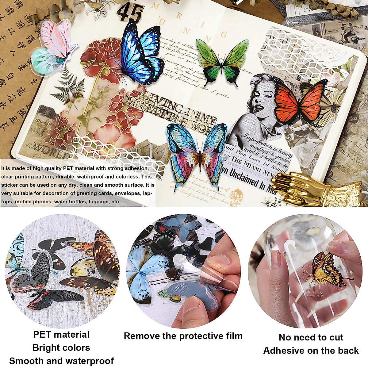 JULMELON 240 PCS Vintage Butterfly PET Transparent Stickers Set Butterflies Resin Stickers Decals for Scrapbook Silicone Resin Molds DIY Crafts Laptops