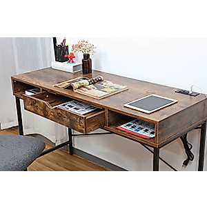 JJS 48' Writing Desk with Power Outlet, Home Office Contemporary Large Computer Desk Laptop Workstation with Drawer USB Ports Charging Station, Rustic Brown